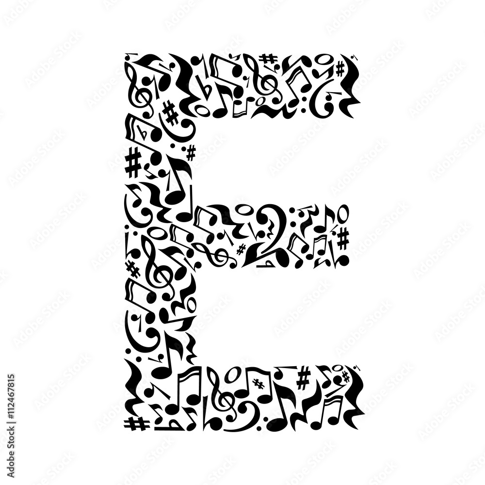 E letter made of musical notes on white background. Alphabet for art ...