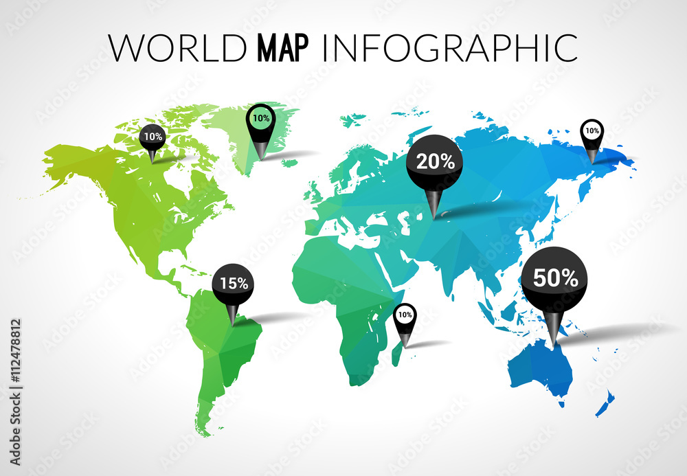 Vector 3d world map with points and percantage. Triangle green blue ...