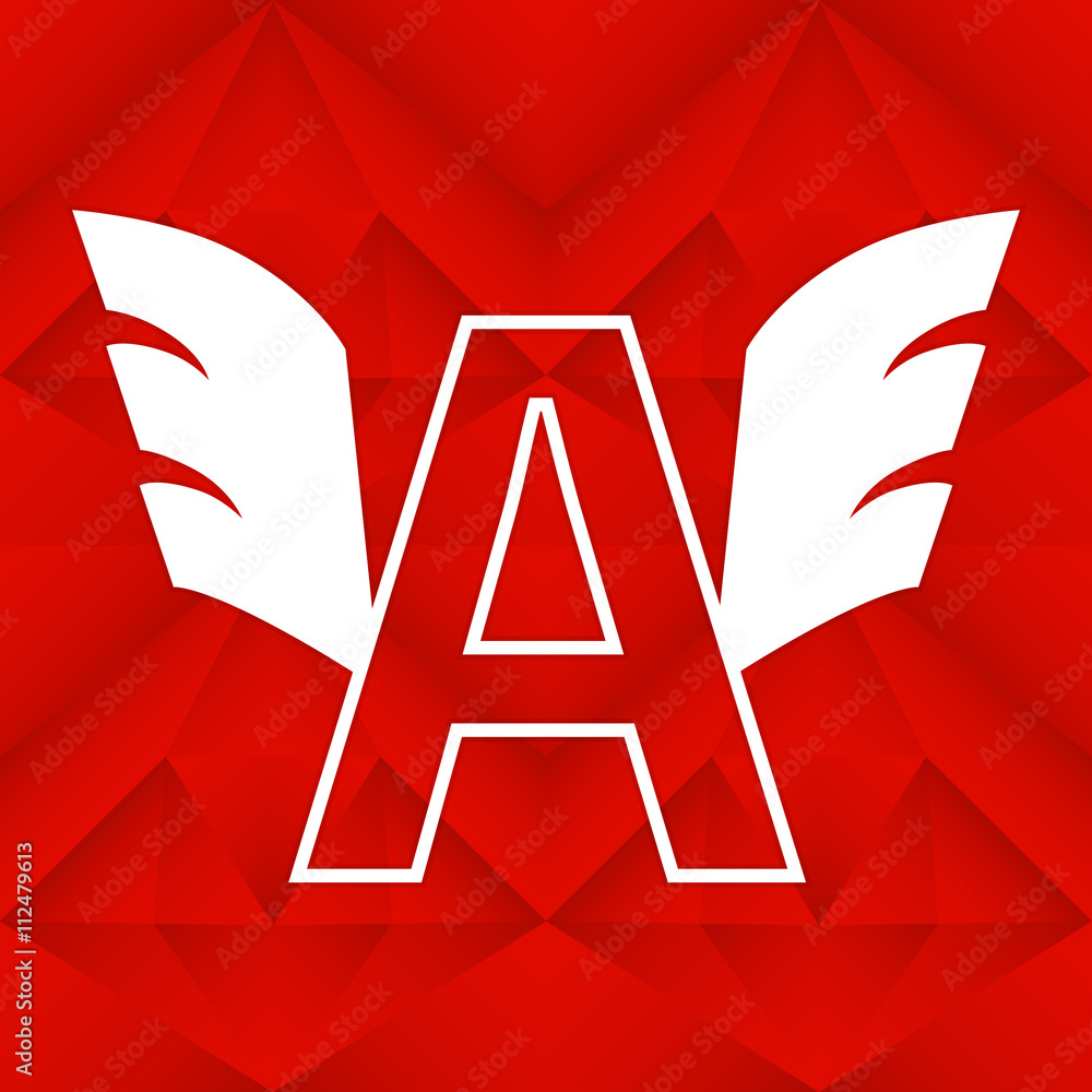 Elegant dynamic letter A with wings on red polygonal background. Linear ...