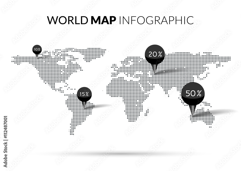 World Map Dot illustration infographics with points pins and percentage ...