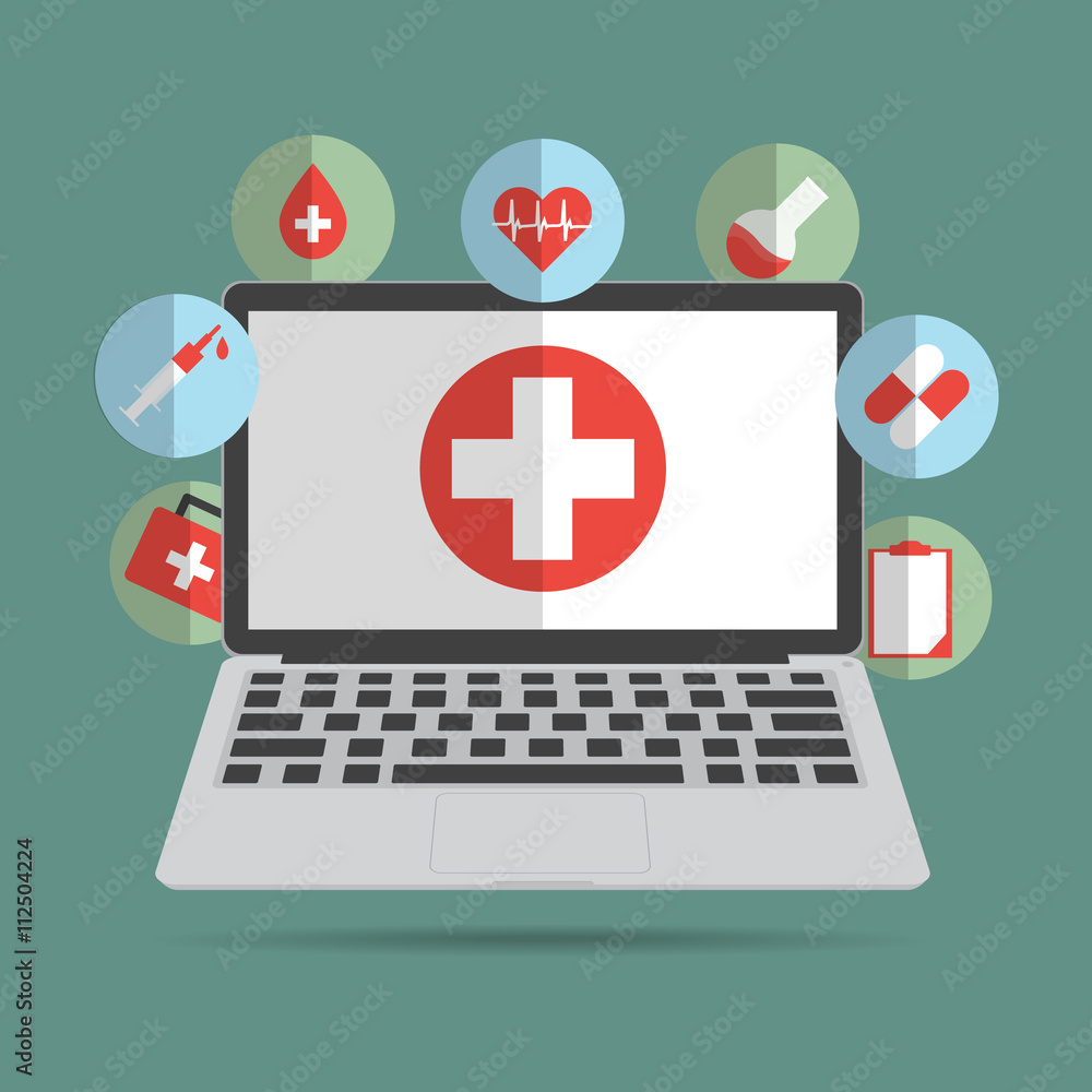 Computer laptop with medical sign icon concept of telemedicine and ...