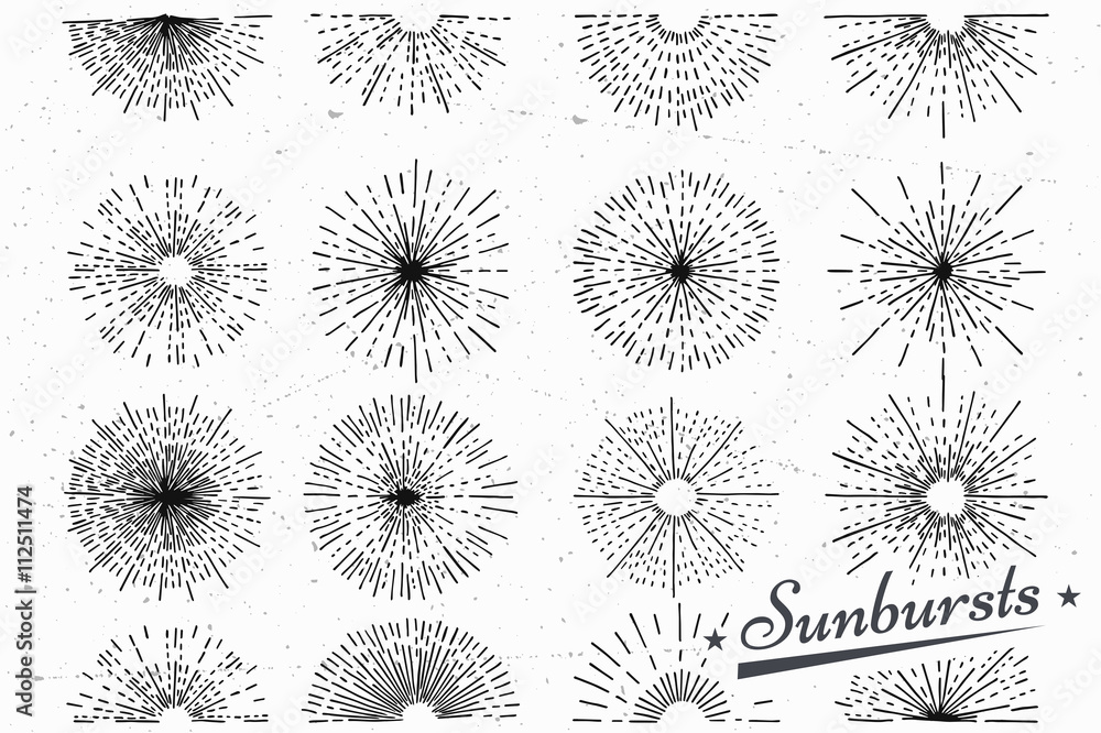 Set of vintage sunburst. Hand drawn. Light ray. Design template for ...