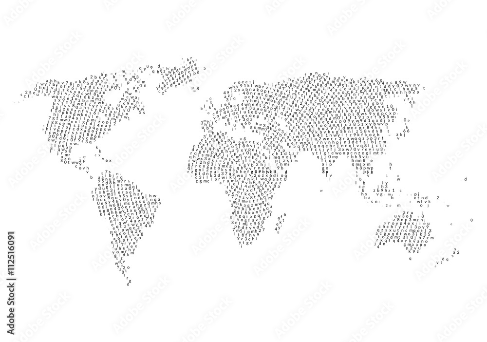 World map with letters inside. Letters cloud in world map shape design ...