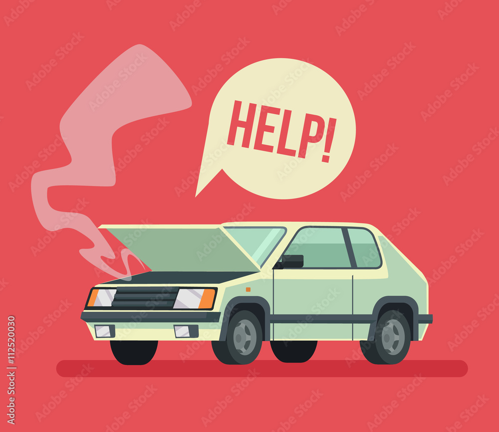 Broken car. Road accident. Car with open hood. Vector flat cartoon ...