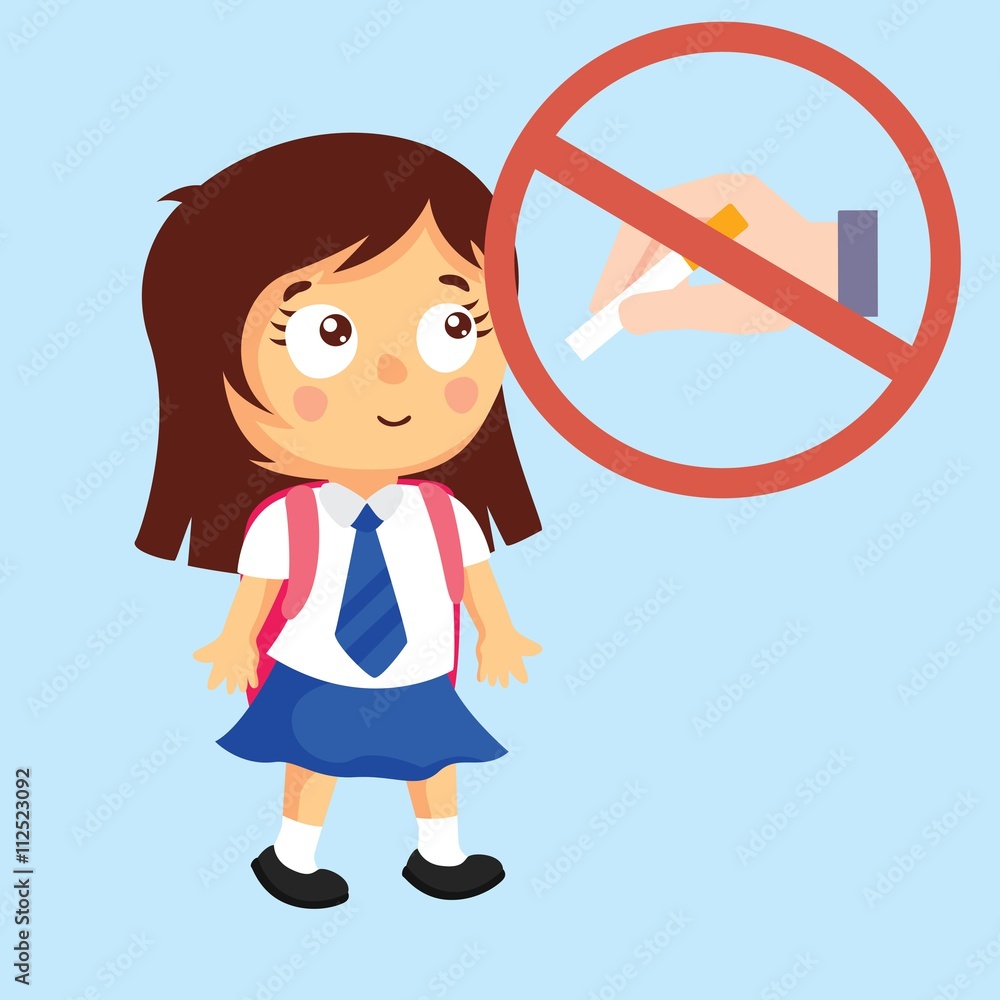 School girl by prohibited sign of cigarette. No smoking for kids. Stock ...