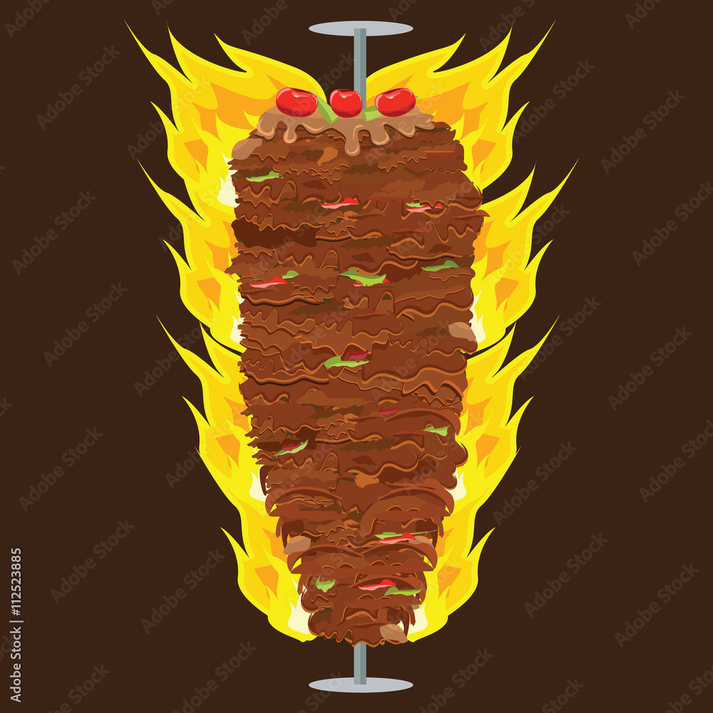 Vector illustration of Doner Kebab on pole, grilling with fat. Stock ...