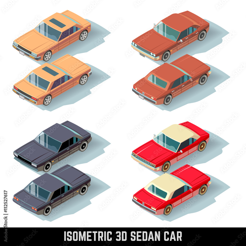 Isometric 3D sedan car, city transport vector icons. Transport car for ...