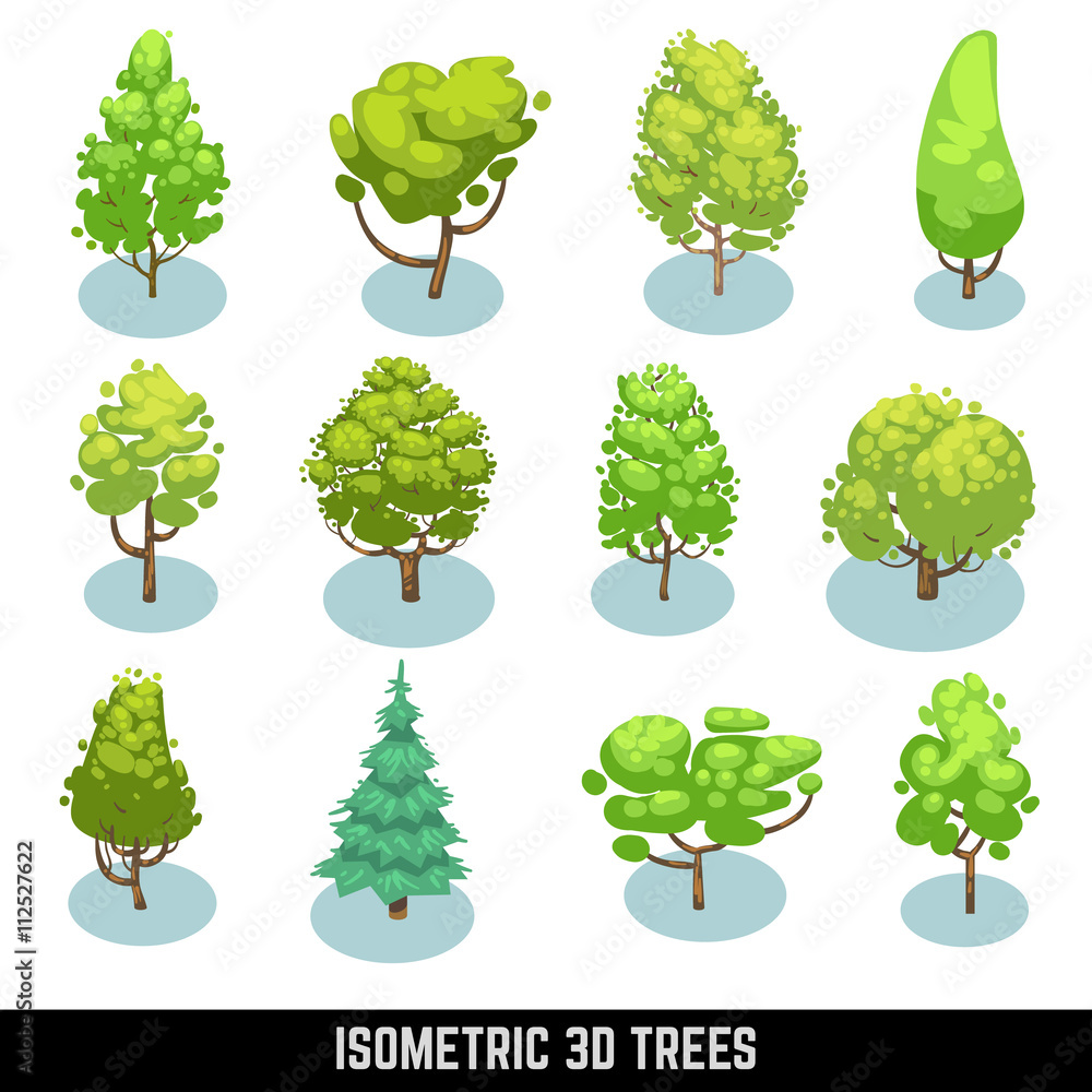 Isometric 3D trees, landscape elements. Natural trees set and plant isometric trees garden ...