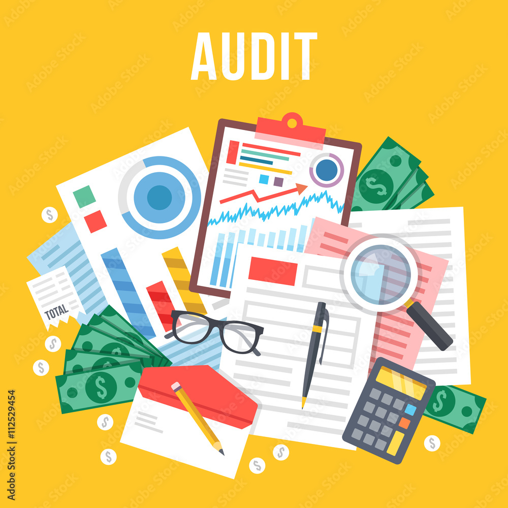 Audit, documents analysis, business review, paperwork concepts. Top ...