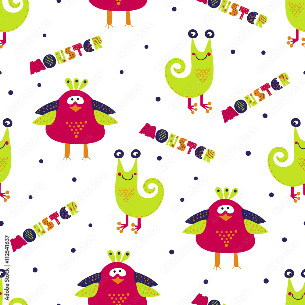 Cute monsters seamless pattern. Colorful vector background with cartoon ...