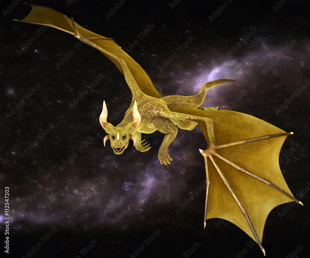 Elegant golden dragon flying on a starry sky background 3d illustration ...