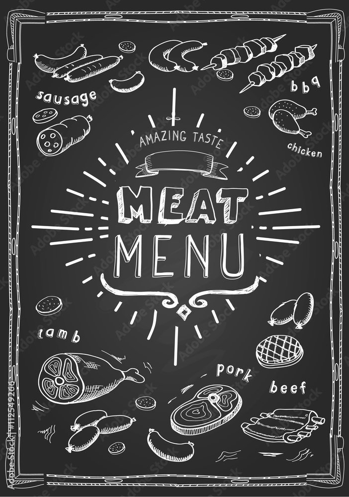 Retro meat menu icons on chalkboard with lamb chops sausage Stock ...