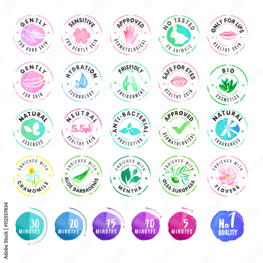 Set of hand drawn watercolor stickers for cosmetics. Vector ...