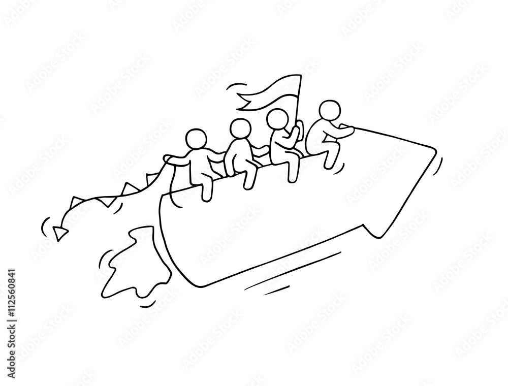 Sketch of working little people with arrow, teamwork. Doodle cute ...