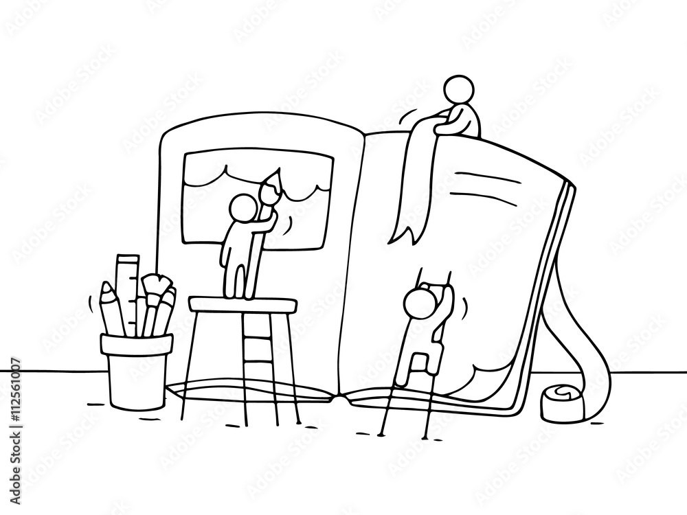Sketch of working little people with book. Doodle cute miniature ...