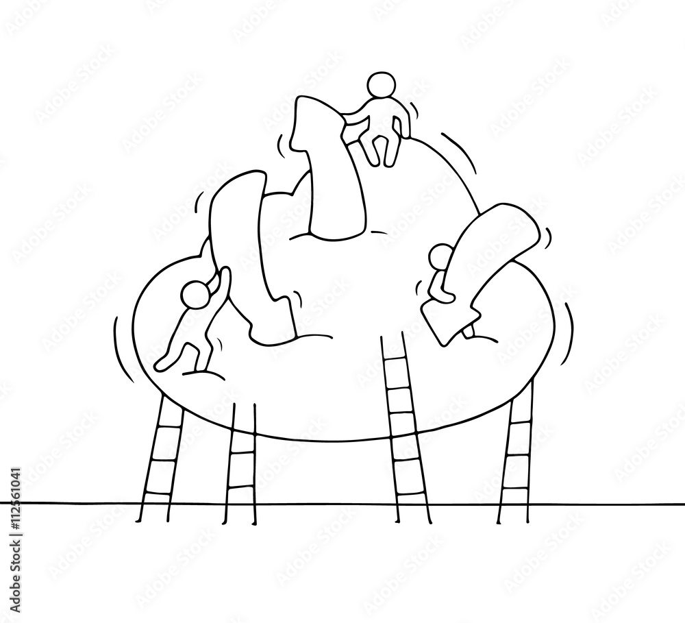 Sketch of working little people with cloud, teamwork. Doodle cute ...