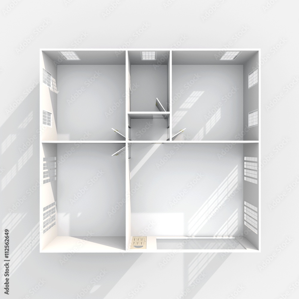 3d interior rendering plan view of square empty paper model home ...