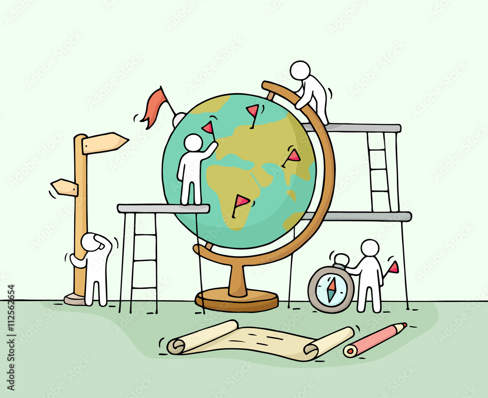 Sketch of working little people with globe. Doodle cute miniature scene ...