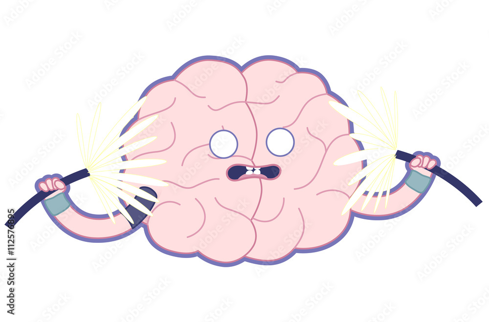 Shocked brain holding two sparking electrical cables flat cartoon ...
