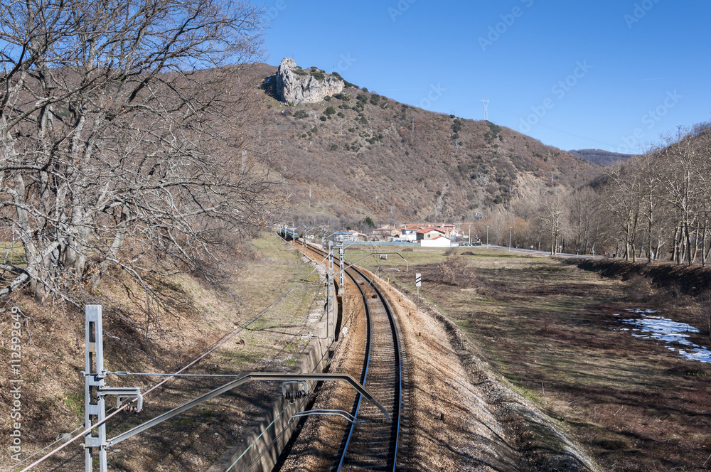 Iberian gauge railway track between Leon and Gijon on its way through ...