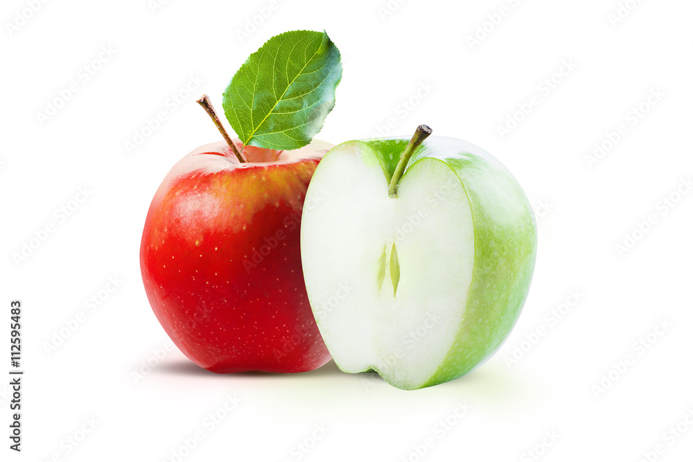 Red apple and half of green apple isolated on white background with ...
