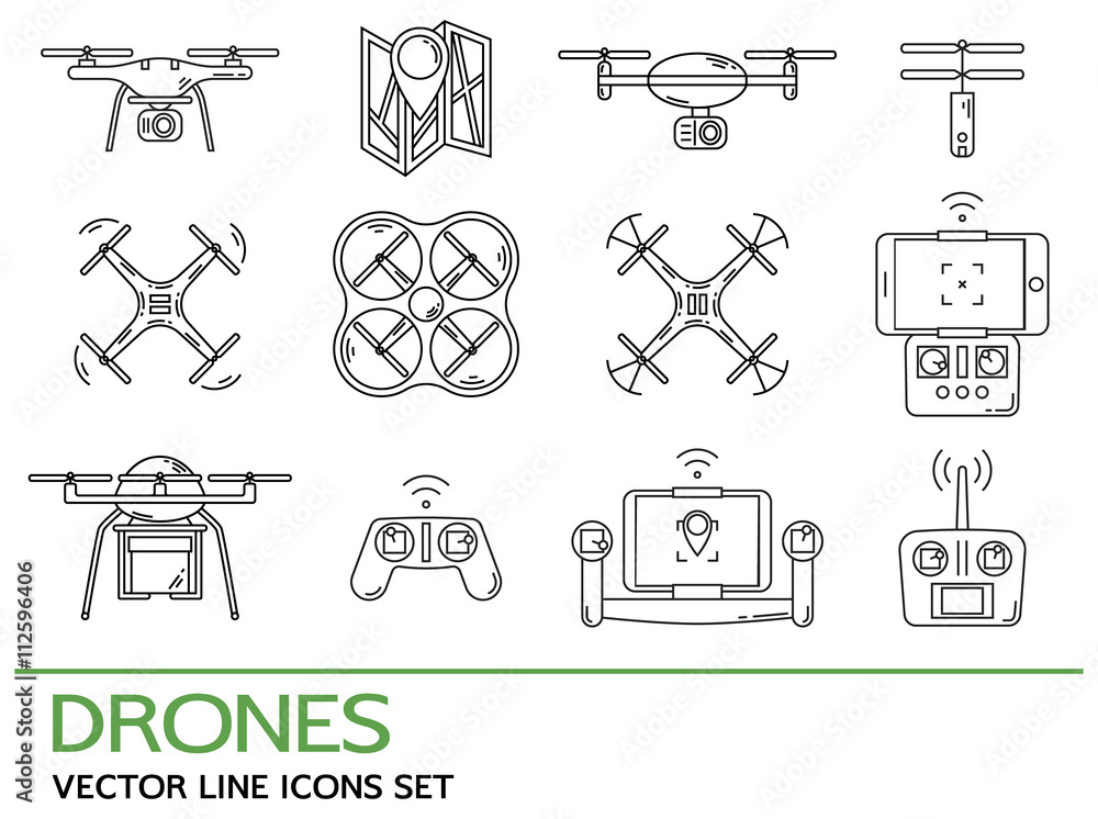 Modern thin line set with drones. Icons collection with quadrocopter ...