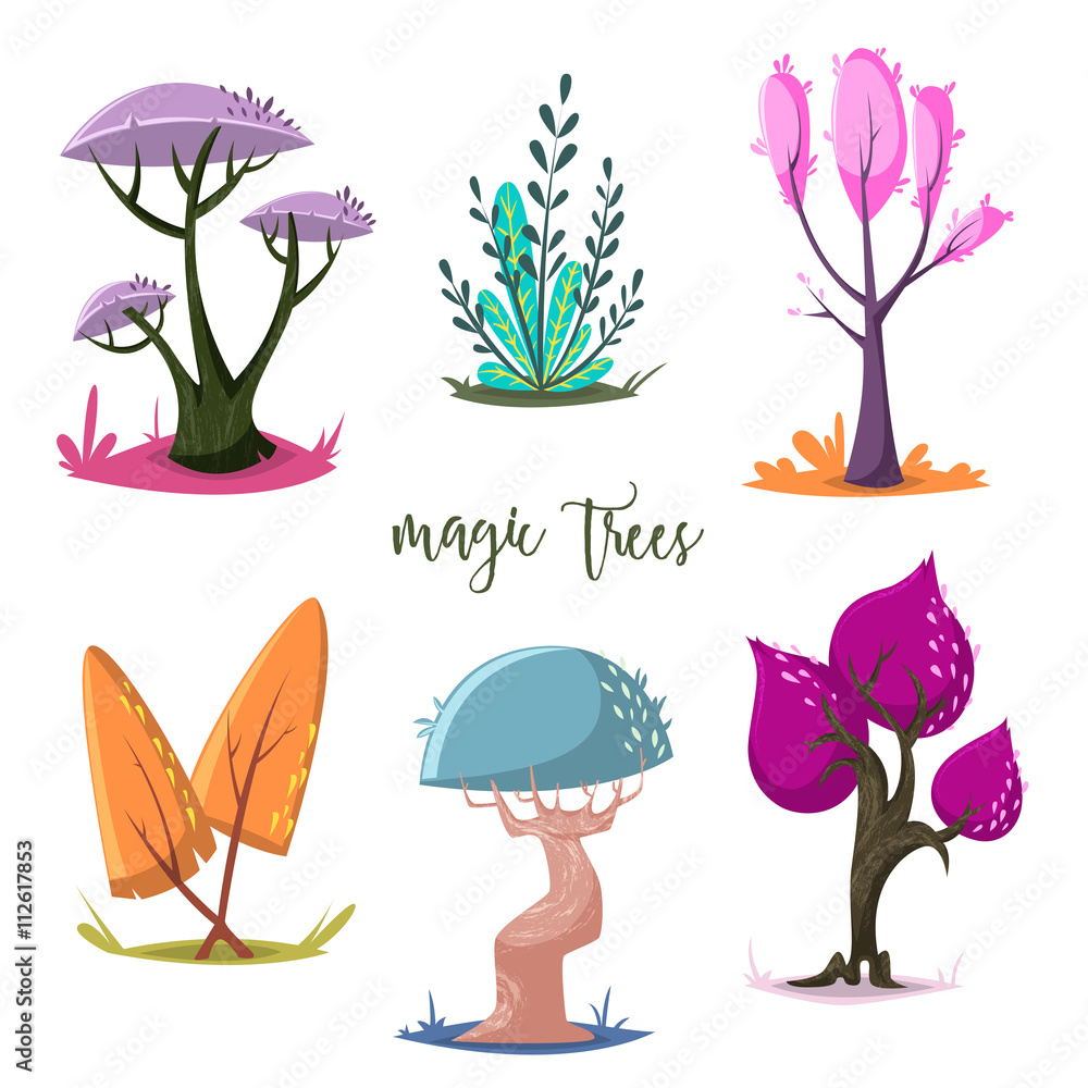 Magic trees set. Isolated elements. Cartoon vector illustration Stock ...