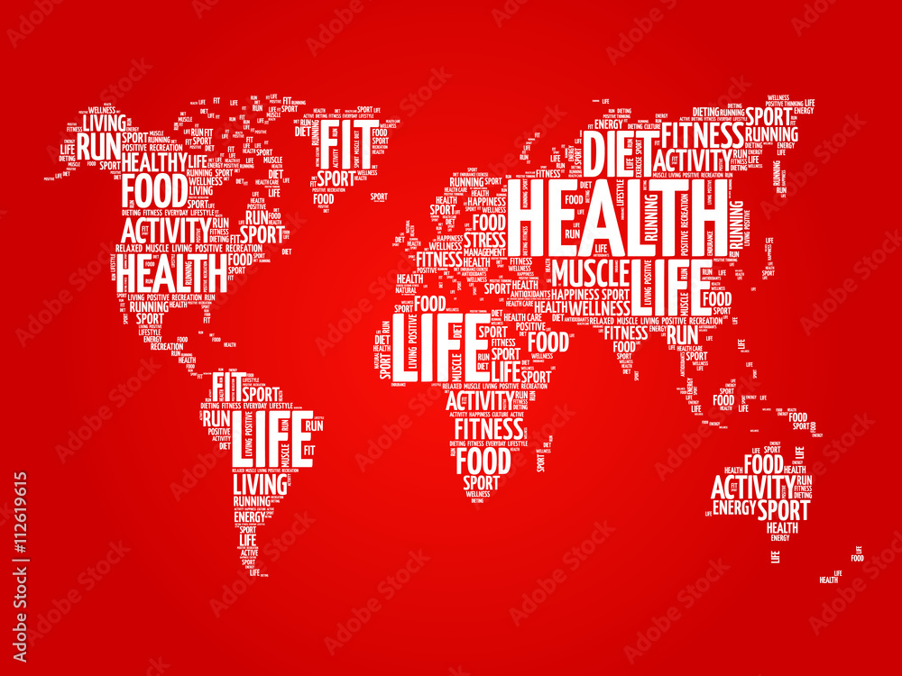 Health and Life World Map in Typography, sport, health, fitness word ...