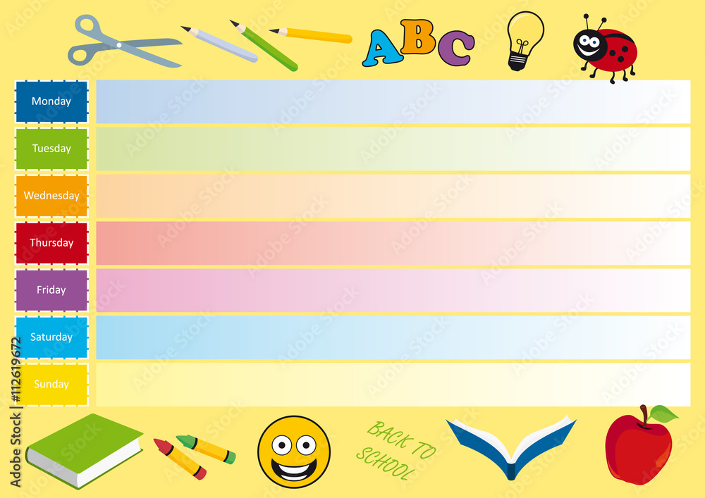Back to school vector. Weekly calendar for kids. Planning vector ...