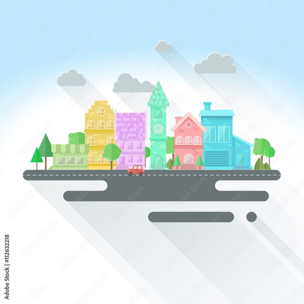 Color cityscape with buildings, trees, church and clouds with shadow ...