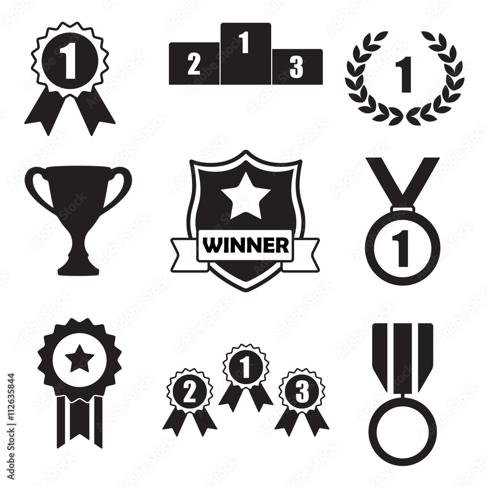 First place icon set. Trophy and awards signs: Badge With Ribbons ...
