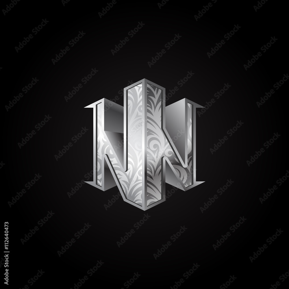 Silver 3d isometric monogram double letter N. Vector golden initials ...