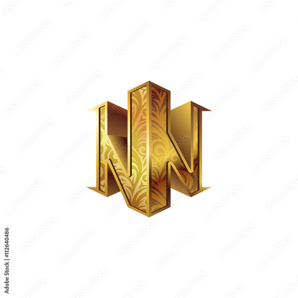 Gold 3d isometric monogram double letter N. Vector golden initials logo ...