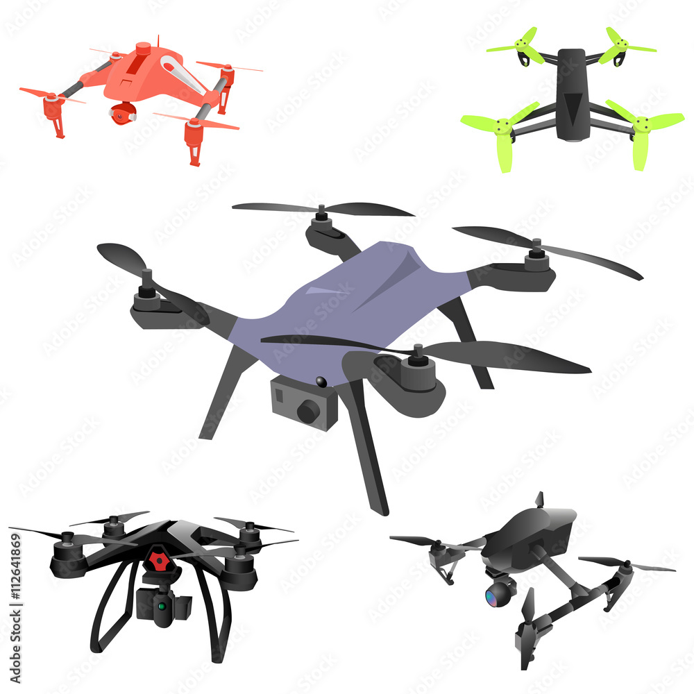 Set of cartoon drones. Isometric. Vector illustration. Stock Vector ...