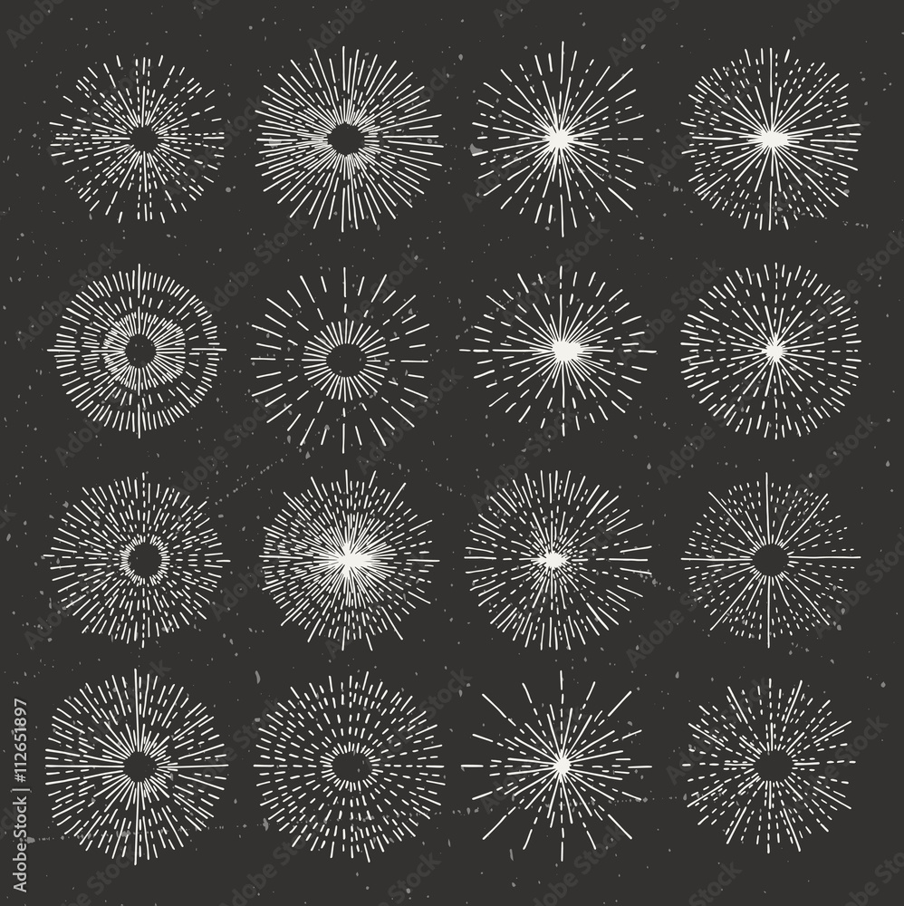 Set of vintage sunburst. Hand drawn. Light ray. Design template for ...