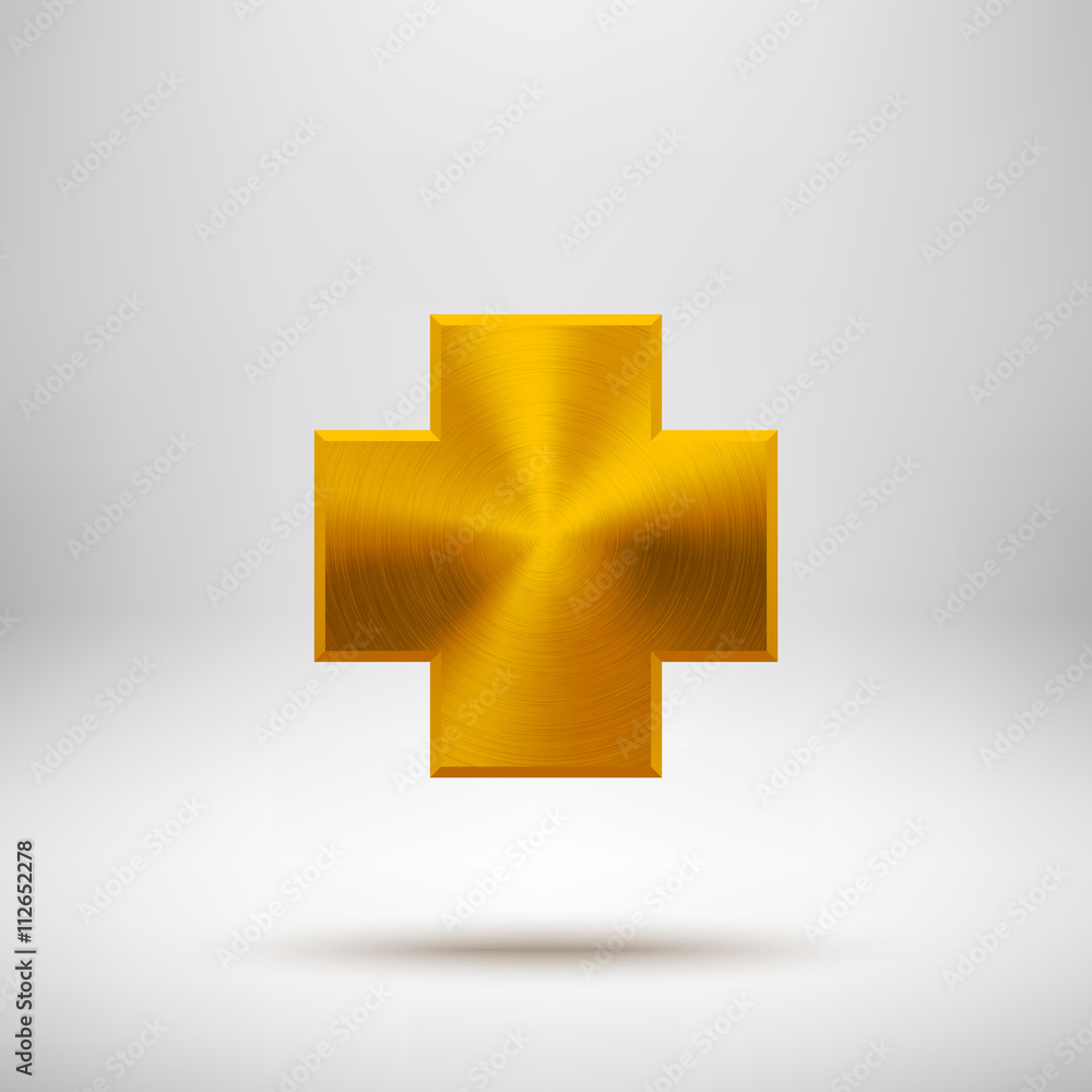 Gold abstract cross badge, blank button template with metal texture ...