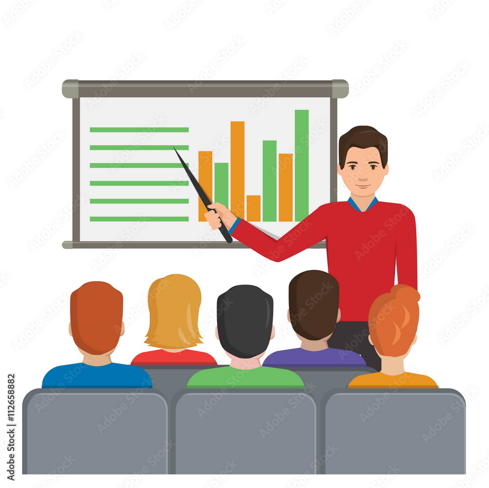 Flat vector illustration of a man with a pointer next to the board with ...