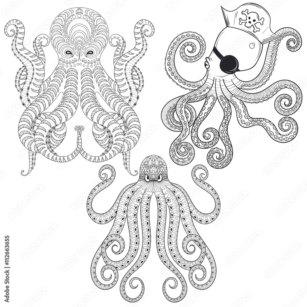 Tattoo Octopus set. Hand drawn zentangle tribal Octopuses for ad Stock ...