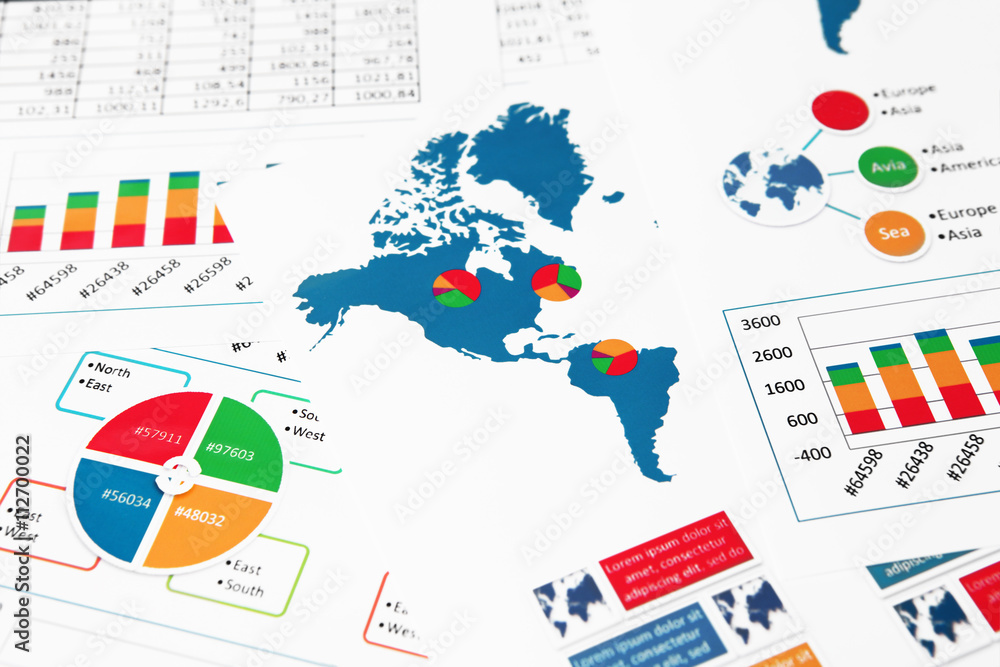 World map with charts, graphs and diagrams Stock Photo | Adobe Stock