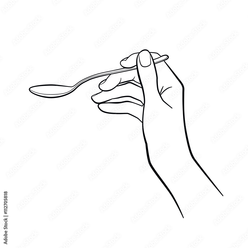 Woman hand holding spoon. Kitchen tools. Outline cooking gesture ...