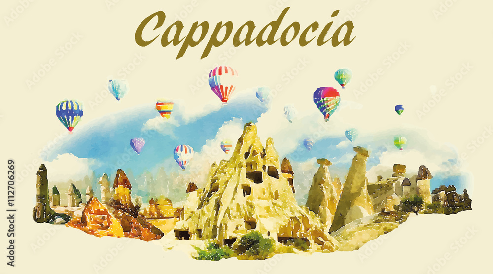 vector watercolor panoramic CAPPADOCIA illustration Stock Vector ...
