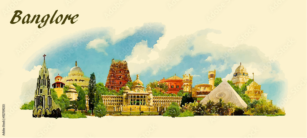 vector panoramic water color illustration of BANGALORE city Stock ...