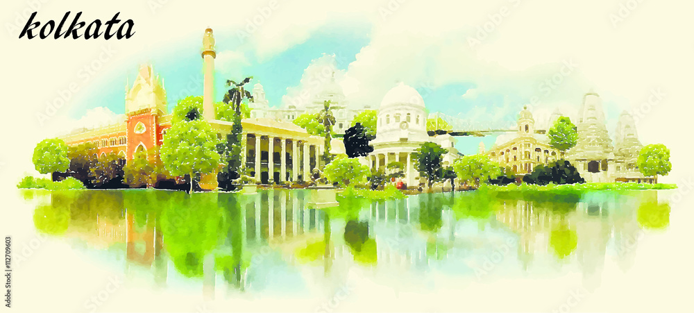 CALCUTTA vector panoramic water color illustration Stock Vector | Adobe ...