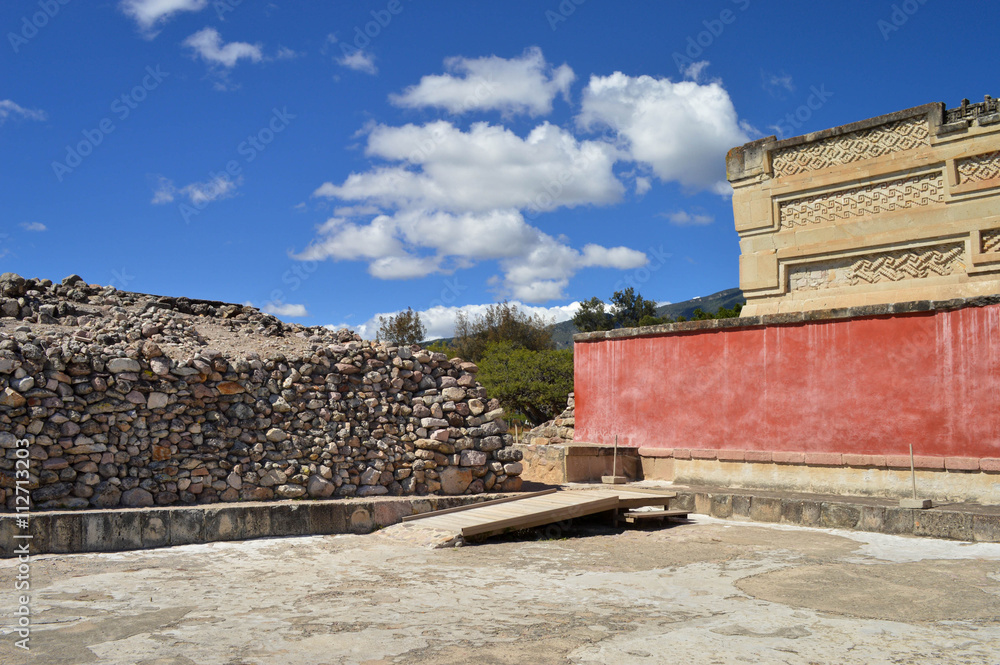Pyramid and carvings at the archaeological site of Mitla in the state ...