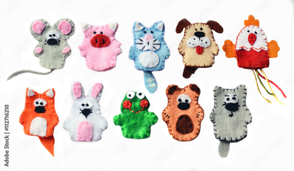 10 felt finger puppets: mouse, pig, cat, dog, cock, fox, rabbit, frog ...