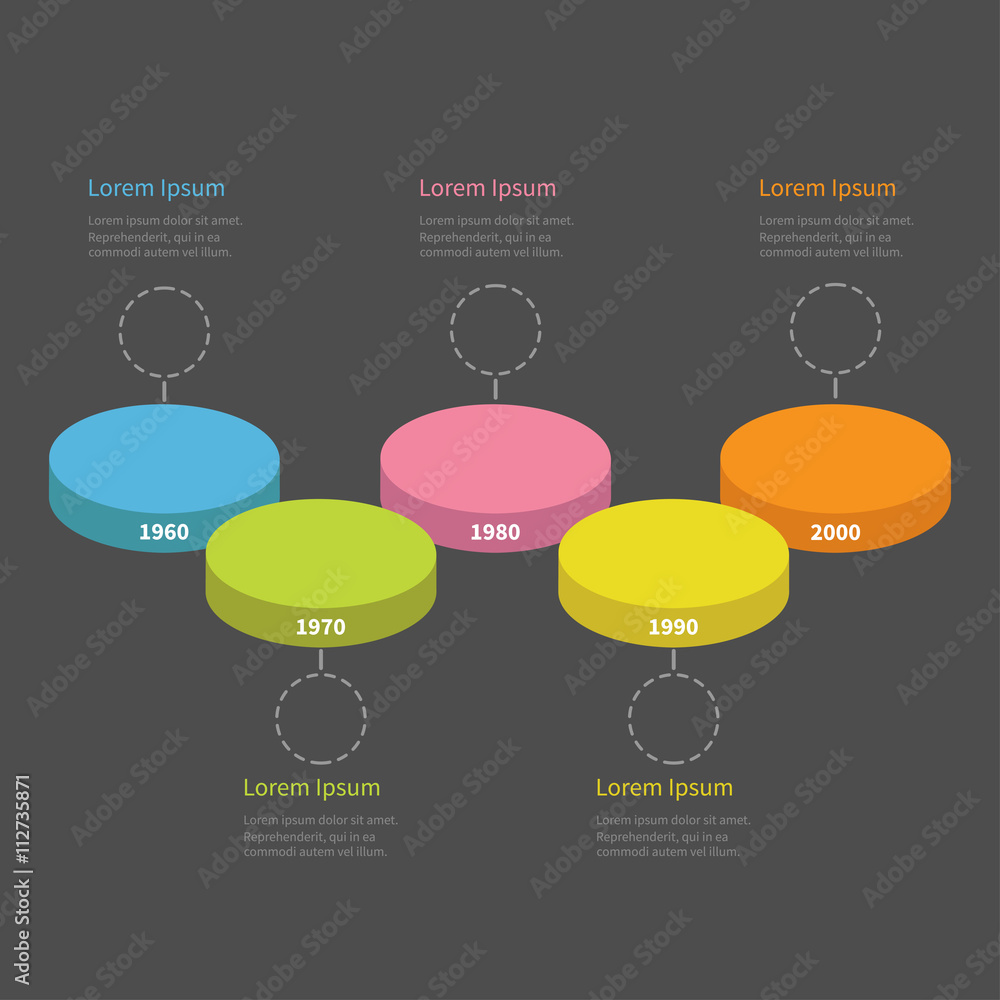 Five step Timeline horizontal round colorful stage podium segment ...