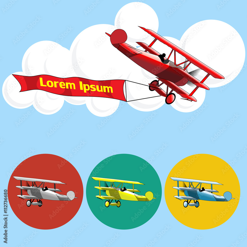 Old airplane model flying in the sky with clouds, silver, blue, red and ...