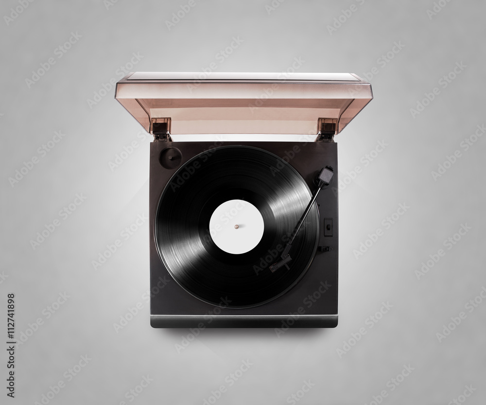 Gramophone vinyl player playing record, top view, isolated, clipping ...