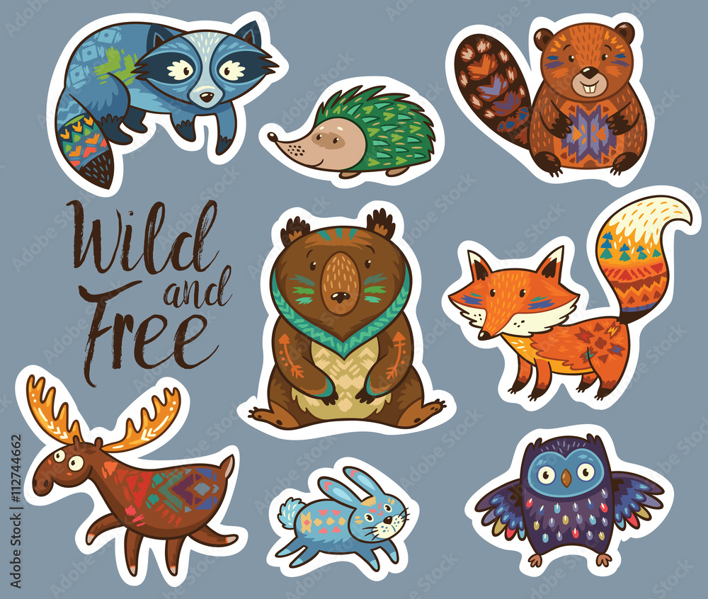 Sticker set of forest animals in cartoon style Stock Vector | Adobe Stock
