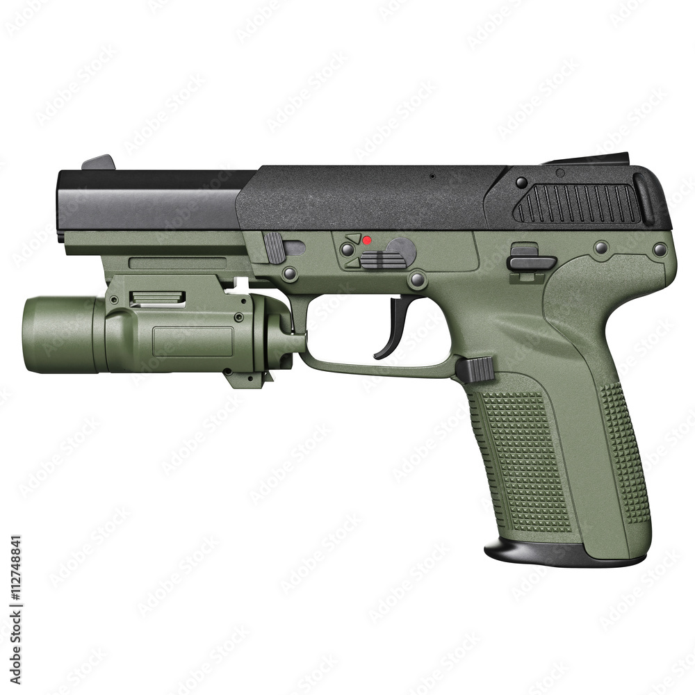 Gun green military, police with flashlight, side view. 3D graphic Stock ...